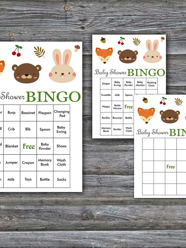 60 Woodland animals Baby Shower Bingo Cards,Woodland Baby Shower Bingo ...