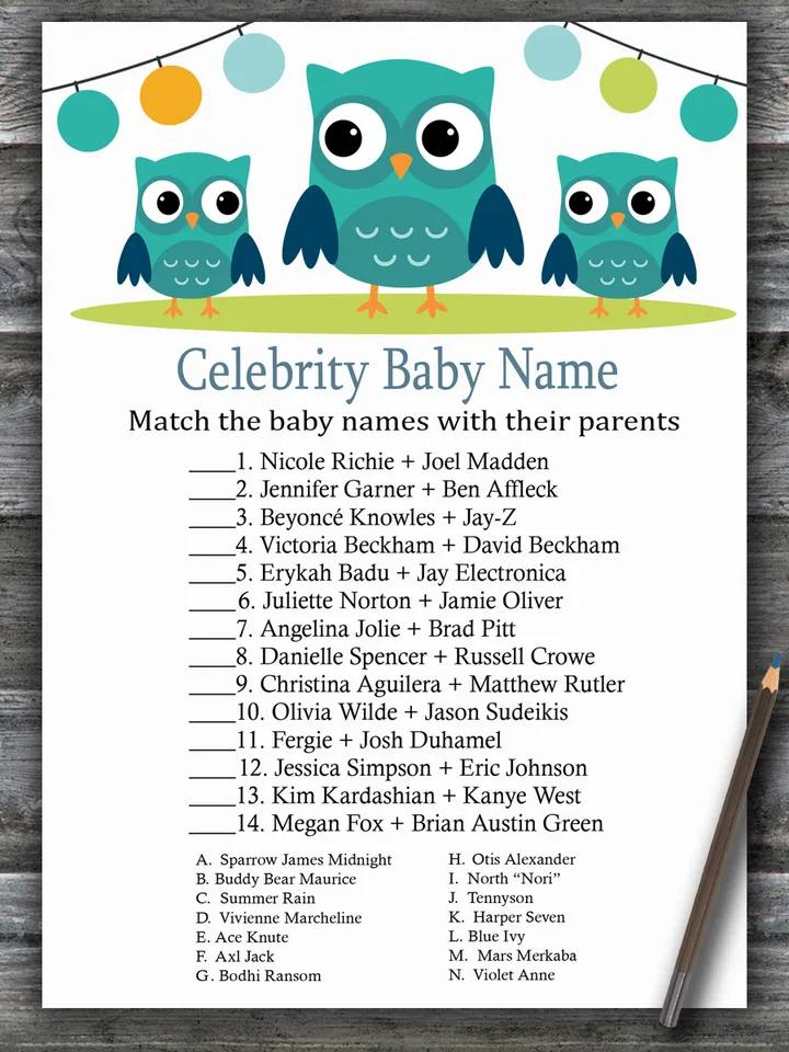 Owl Celebrity baby name game card,Owl Baby shower games printable,Fun ...