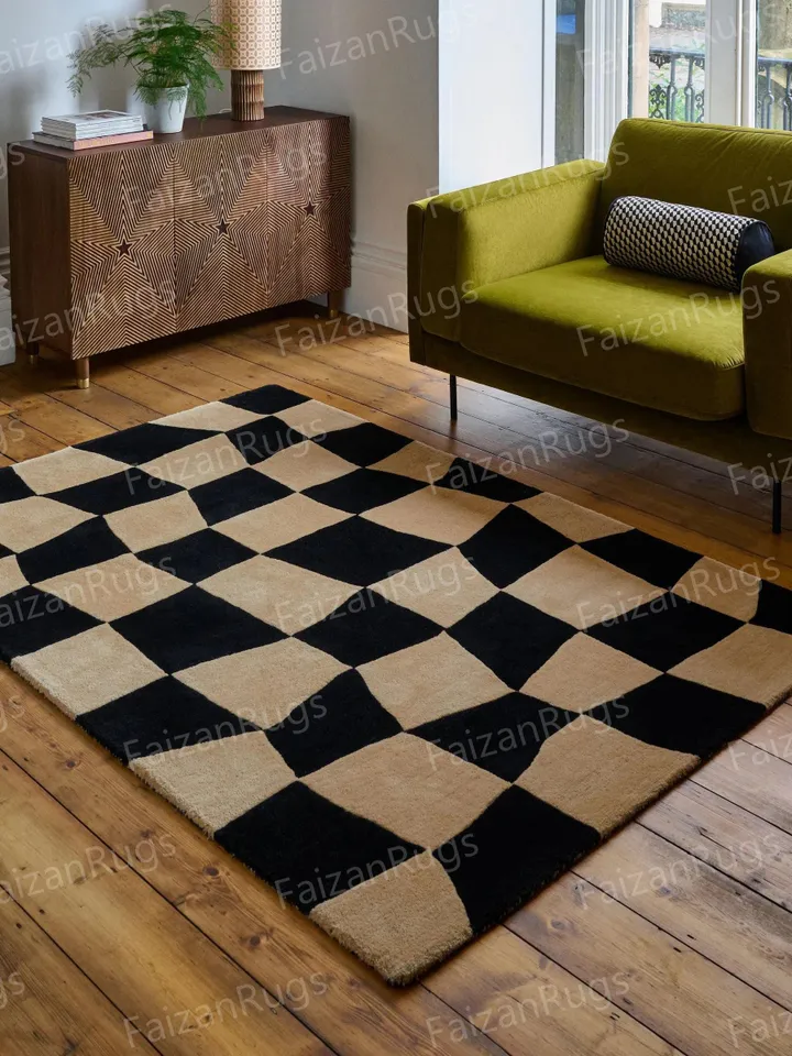 Antique Wavy Checkerboard Hand tufted rug 100% wool for living room ...