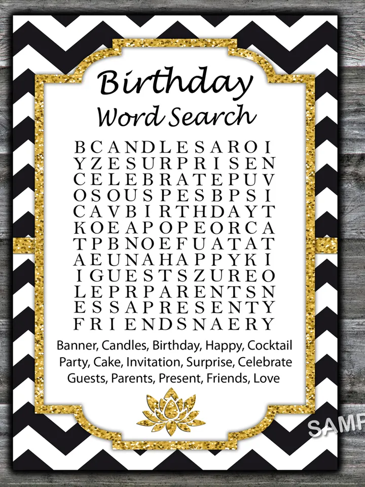 Black White Chevron Birthday Word Search Game,Adult Birthday party game ...