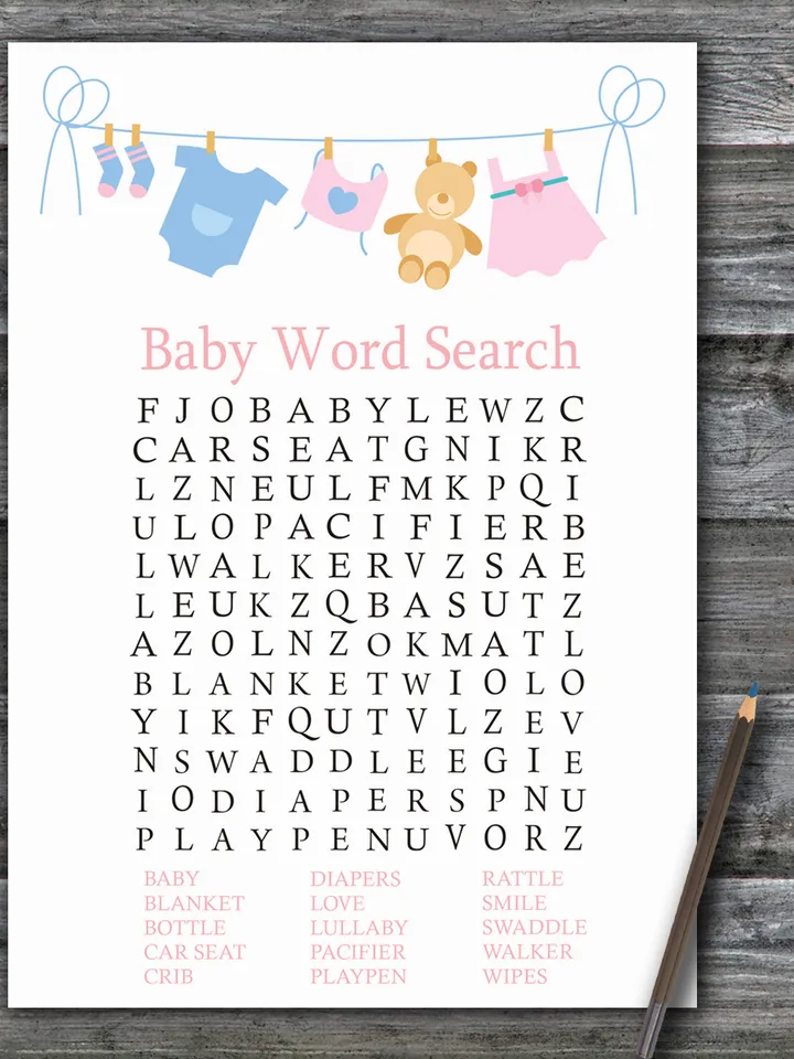 Clothesline Baby shower word search game card,Clothesline Baby shower ...