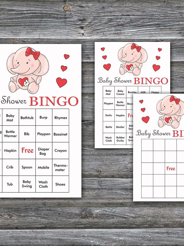 Pink elephant Baby Shower Bingo Cards,Elephant Baby Shower Bingo Games ...