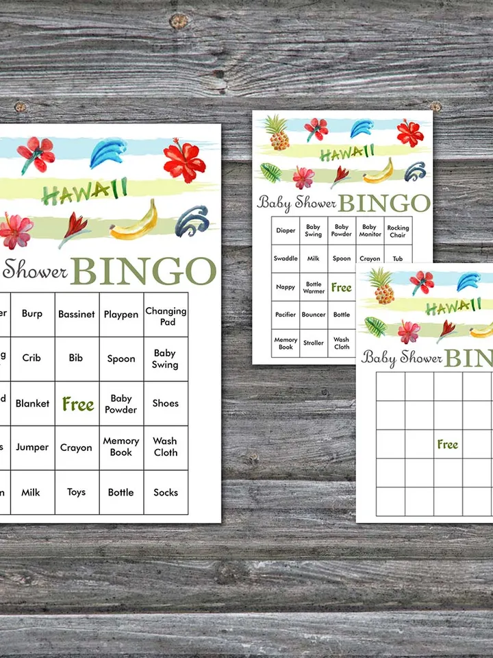 60 Hawaii Baby Shower Bingo Cards,Hawaii theme Baby Shower Bingo Games ...