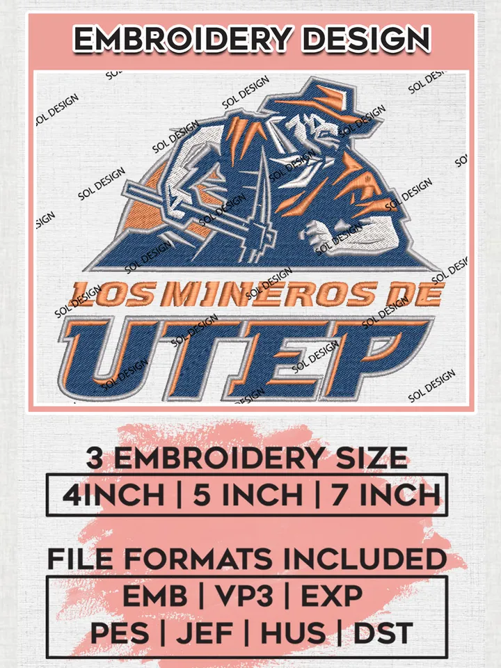 NCAA Los Mineros Be UTEP Team Logo Embroidery Design Files, NCAA UTEP ...