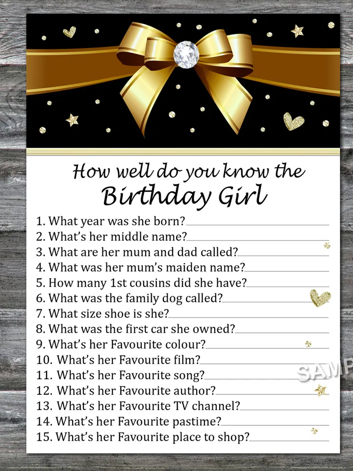 Golden bow How well do you know the birthday girl,Adult Birthday party ...