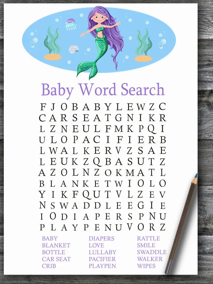 Mermaid Baby shower word search game card,Mermaid Baby shower games ...