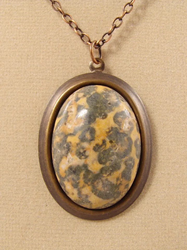 Leopard Jasper Necklace Beige Gray Brown Stone Oval Pendant Necklace ...