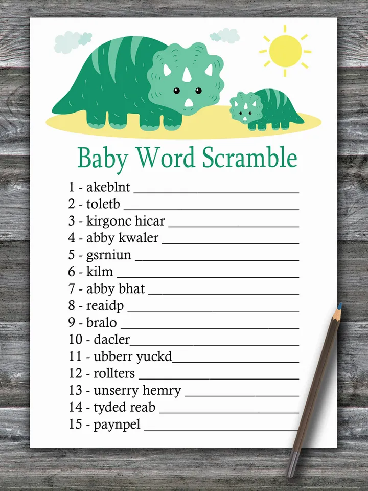Dinosaur themed Baby word scramble game card,Dinosaur Baby shower games ...