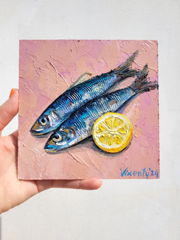 Sardine Painting Fish Painting Original Impasto Oil Painting 6x6 Lemon ...