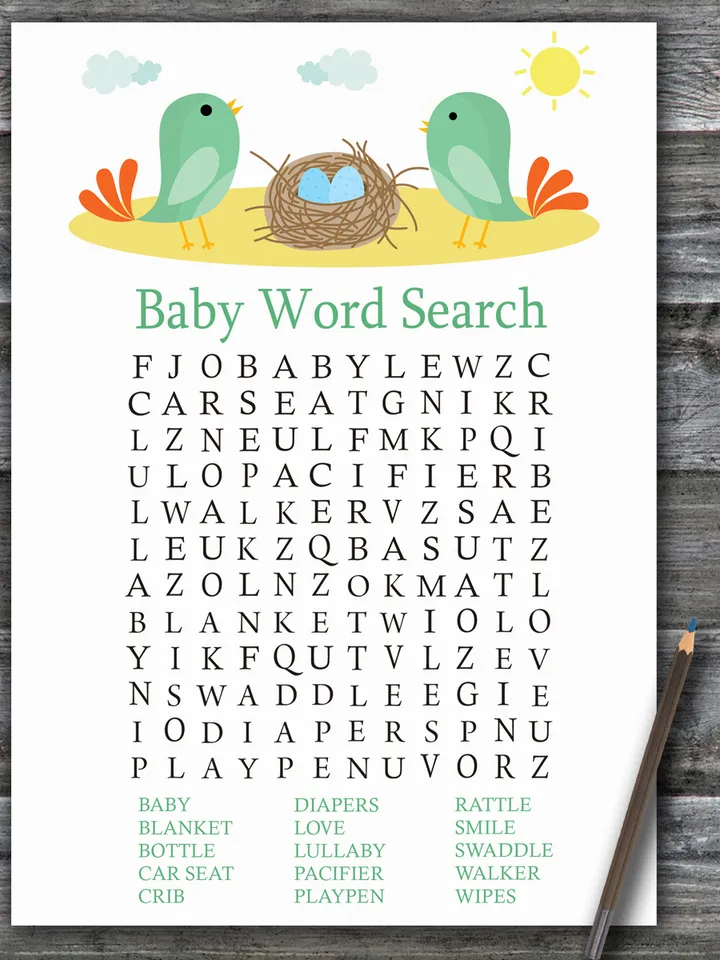 Birds Baby shower word search game card,Birds and nest Baby shower ...