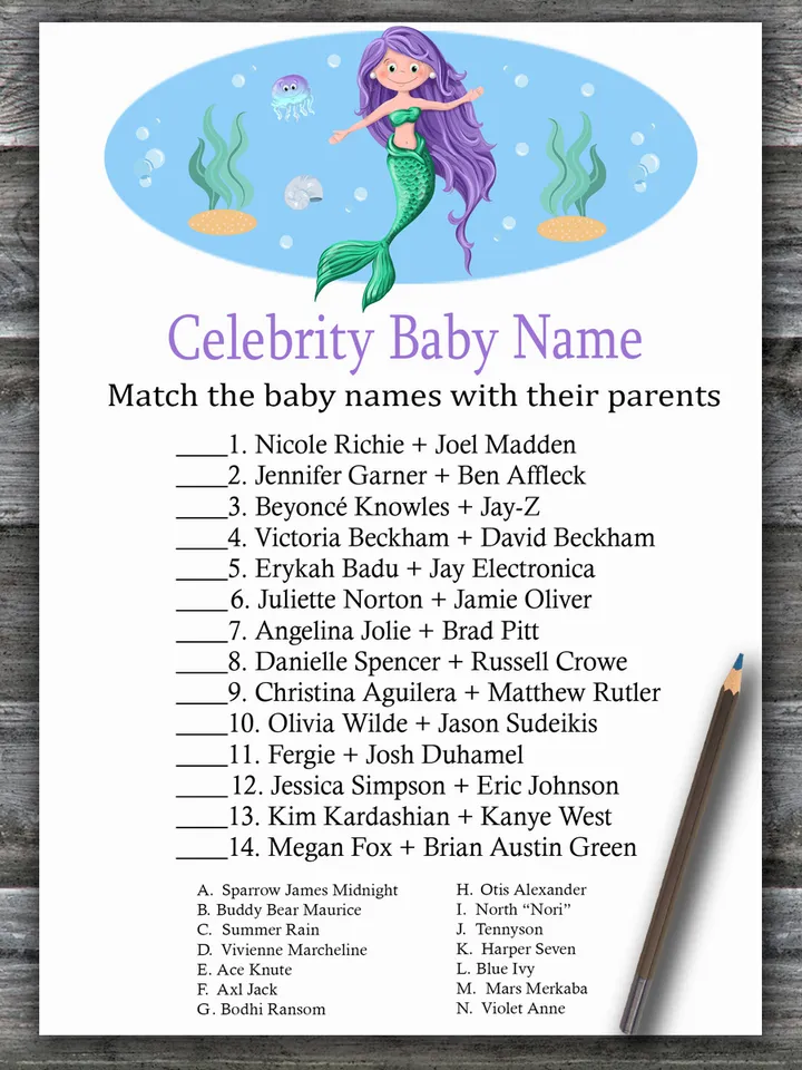 Mermaid Celebrity baby name game card,Mermaid Baby shower games ...