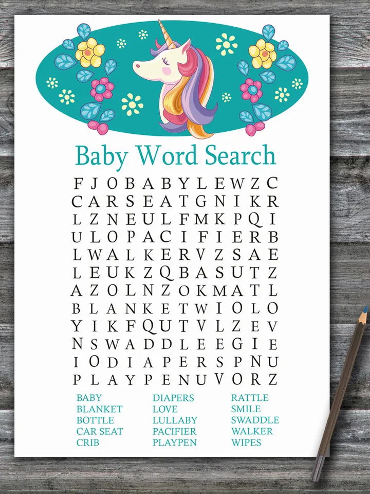 Rainbow Unicorn Baby shower word search game card,Unicorn Baby shower ...
