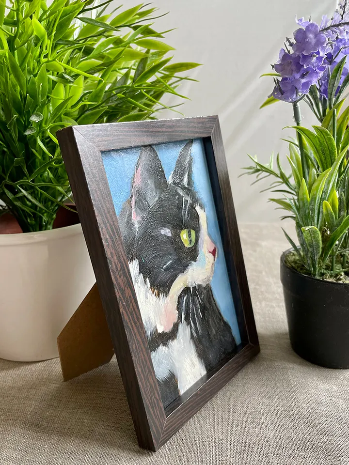 Framed cat painting, small animal painting, cat portrait, home decor ...
