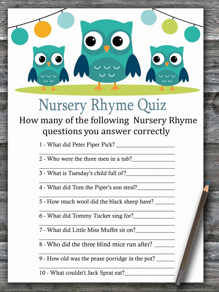 Owl Nursery rhyme quiz baby shower game card,Owl Baby shower game ...