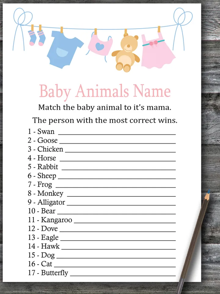 Clothesline Baby animals name game card,Clothesline Baby shower games ...