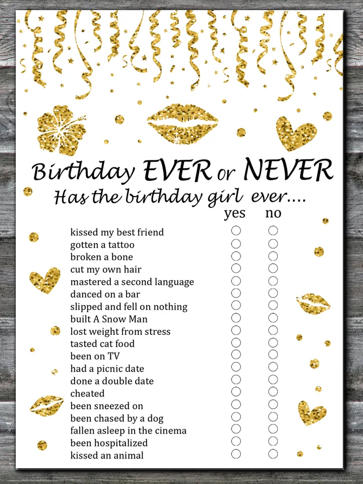 Gold glitter Birthday ever or never game,Adult Birthday party game-fun ...