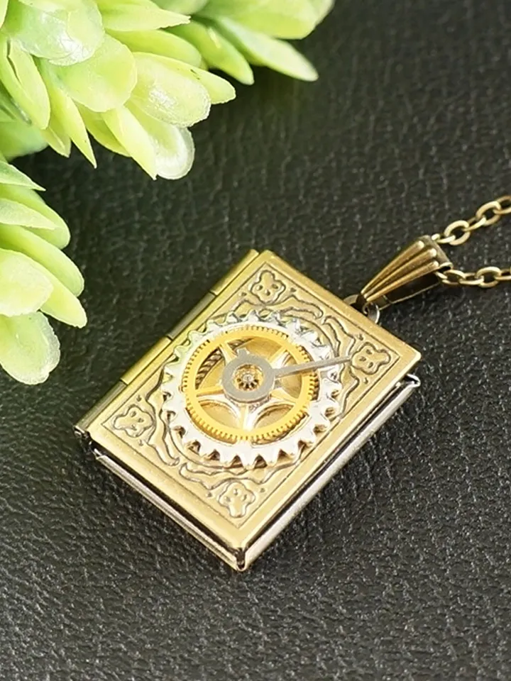 Steampunk Locket Necklace Rectangle Watch Parts Gears Pendant Necklace ...