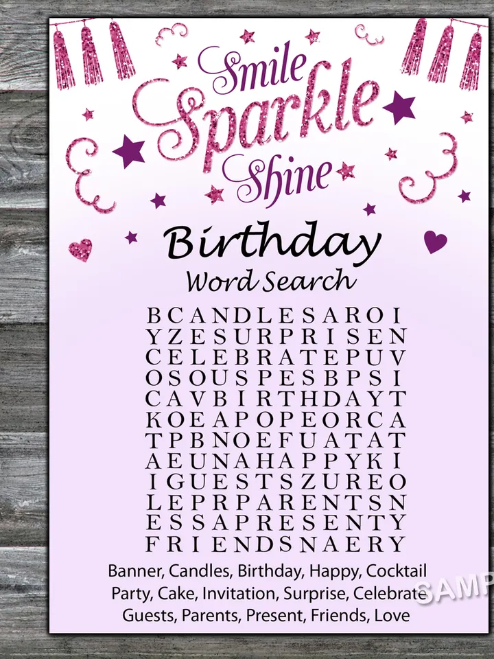 Pink glitter Birthday Word Search Game,Adult Birthday party game-fun ...