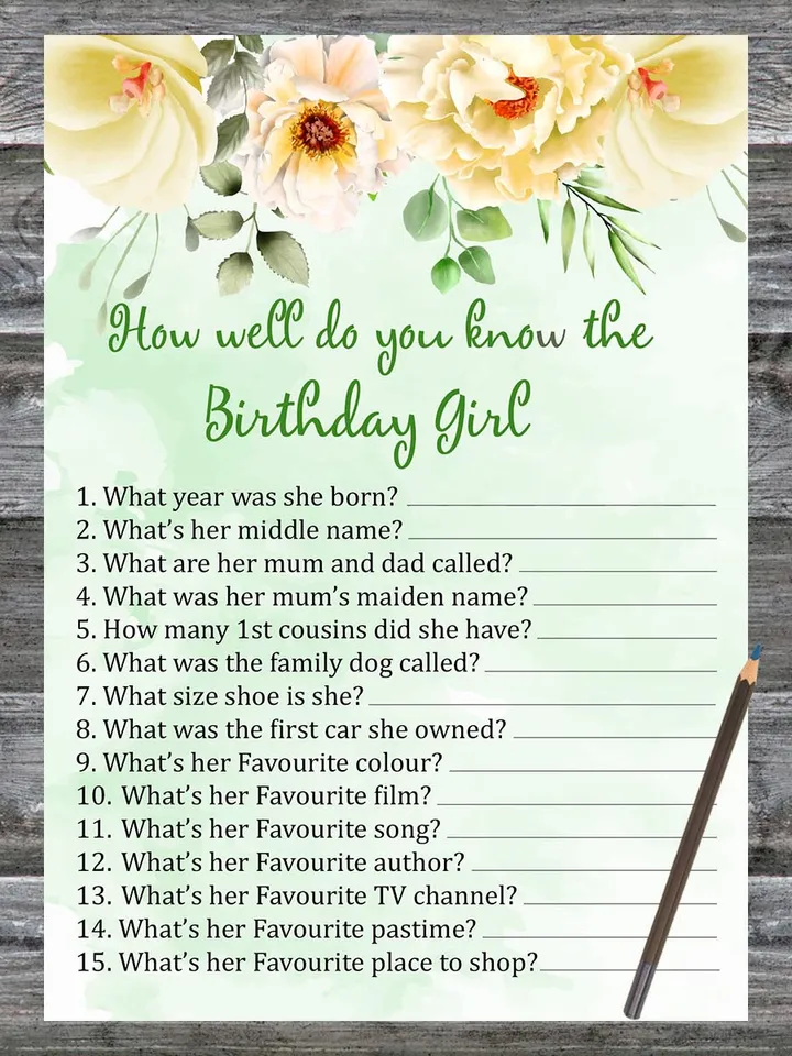 Floral Birthday Game How well do you know the birthday girl,Adult ...