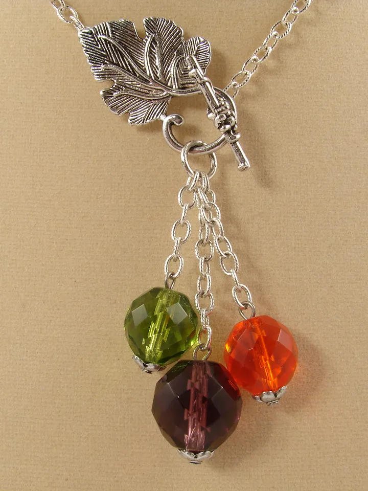 Silver Grape Leaf Toggle Necklace Purple Red Green Glass Boho Necklace ...