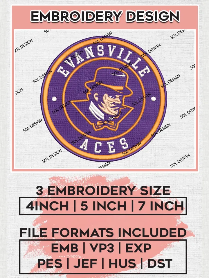 NCAA Evansville Purple Aces Round Logo Embroidery, NCAA Evansville ...