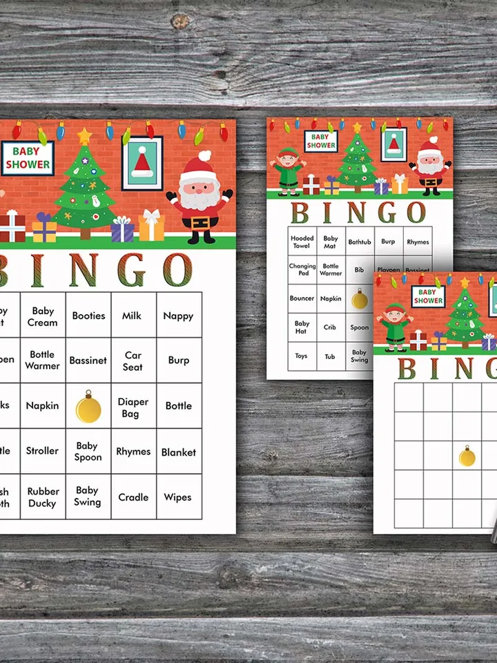 60 Santa and elf Baby Shower Bingo Cards,Christmas Baby Shower Bingo ...