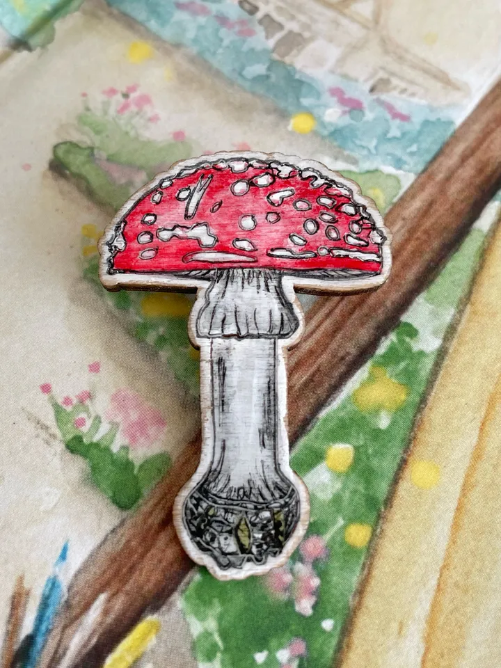 fly agaric mushroom pin wood brooch $20.00 | Buy online with delivery