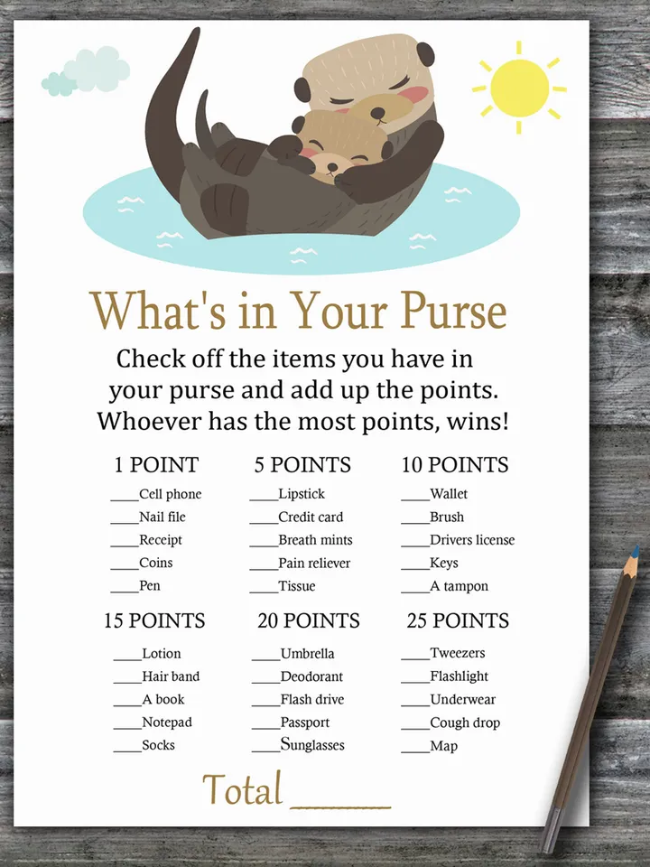 Otter What's in your purse game,Woodland Baby shower games printable ...