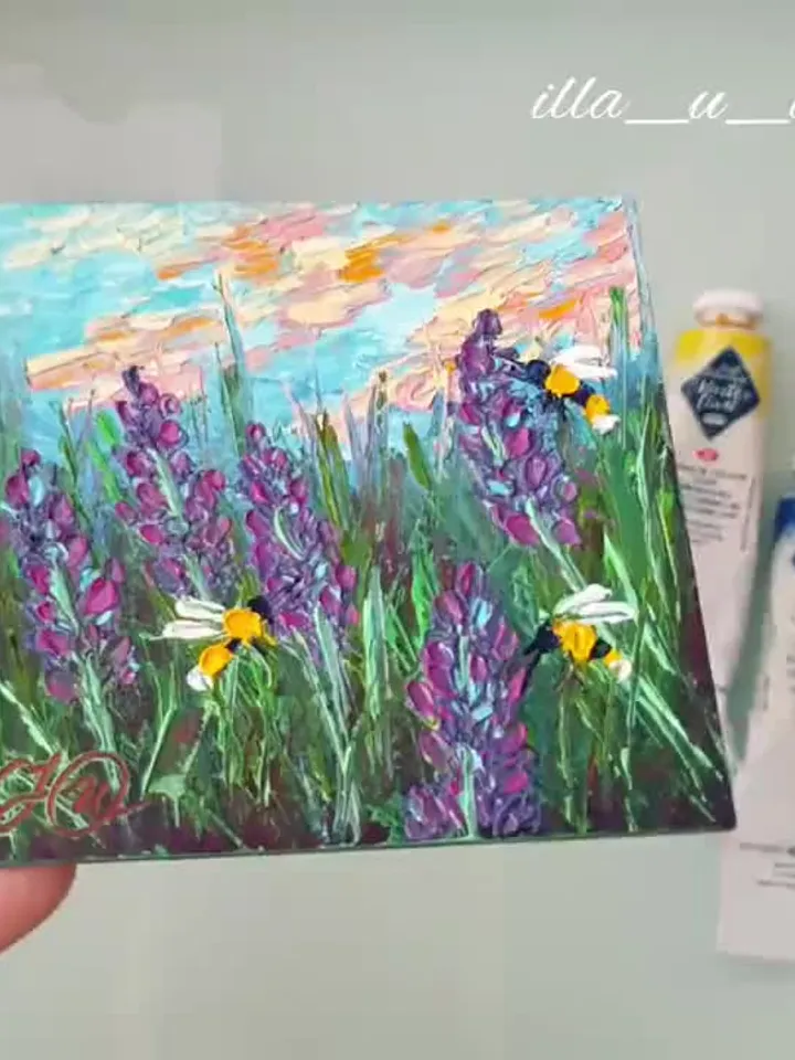 Lavender field miniature painting on a small canvas