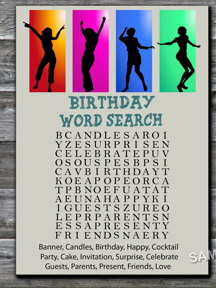 Dance party Birthday Word Search Game,Adult Birthday party game-fun ...