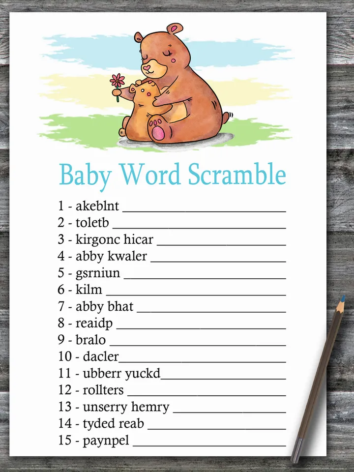 Bear Baby word scramble game card,Woodland Baby shower games printable ...