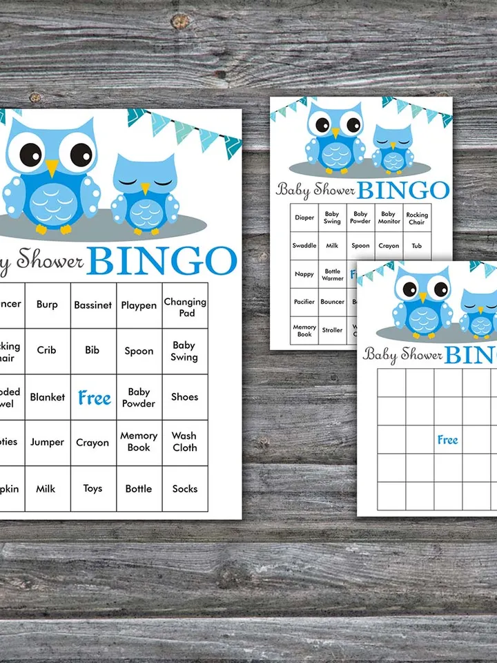 60 Blue Owl Baby Shower Bingo Cards,Owl Theme Baby Shower Bingo Games ...
