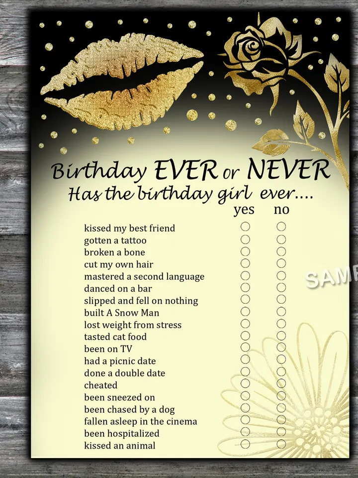 Gold Glitter Lips Birthday ever or never game,Adult Birthday party game ...
