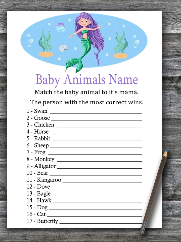 Mermaid Baby animals name game card,Mermaid Baby shower games printable ...