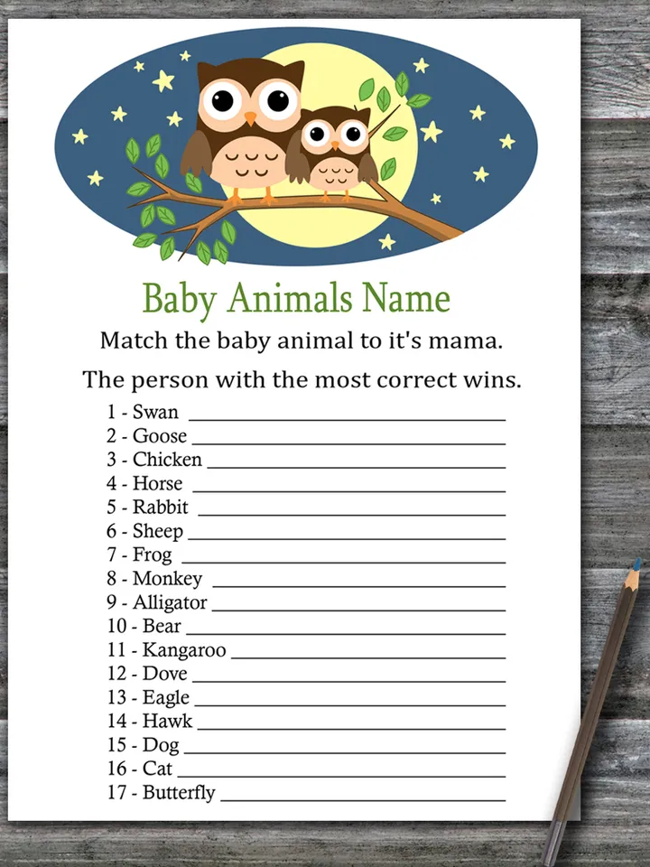 Owl Baby animals name game card,Woodland Baby shower games printable ...