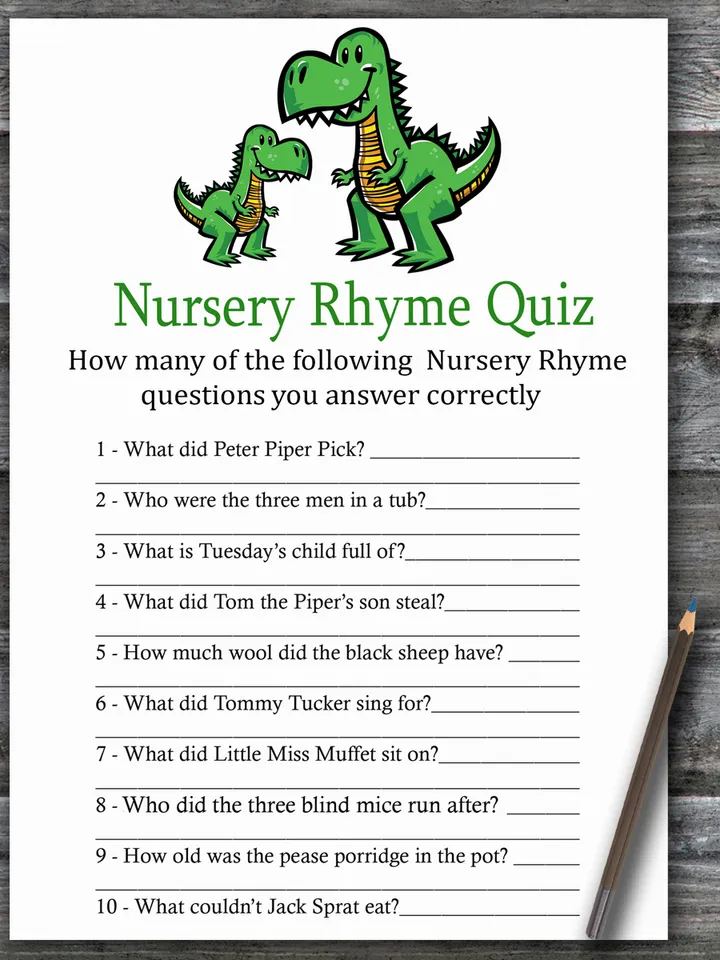 T-rex Nursery rhyme quiz baby shower game card,Dinosaur Baby shower ...