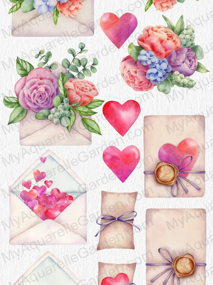 Valentine's Day decoration. Watercolor nad-painted (not AI) clipart ...