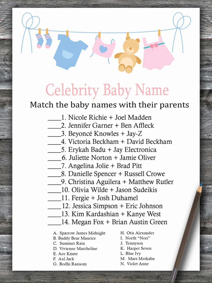 Clothesline Celebrity baby name game card,Clothesline Baby shower game