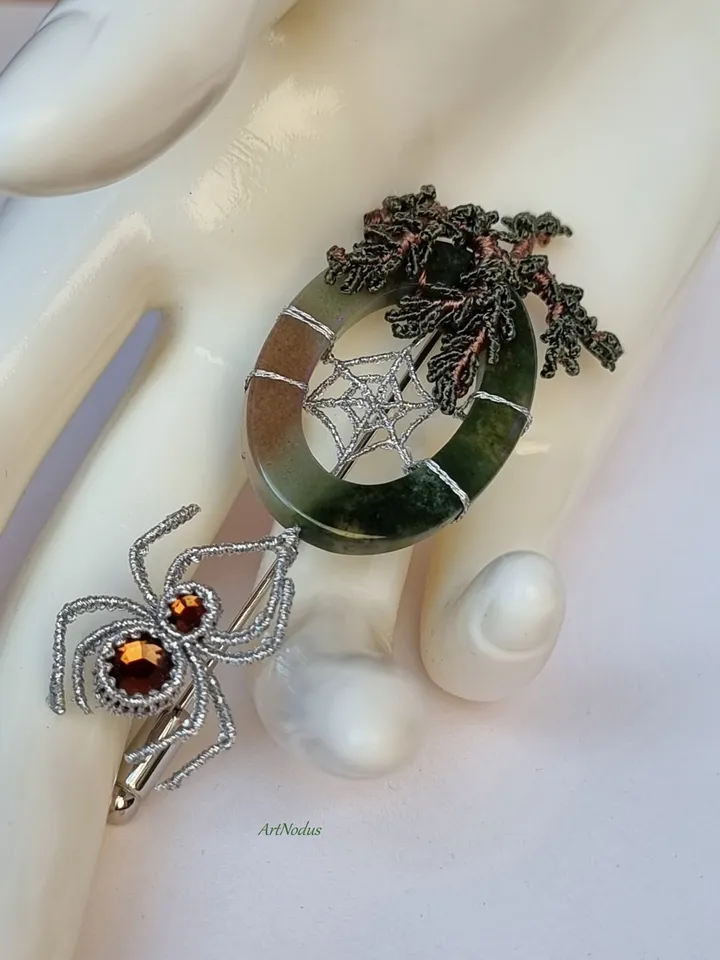 Spider Web Brooch – Agate, Swarovski Crystals, and Macrame $65.00 | Buy online with delivery