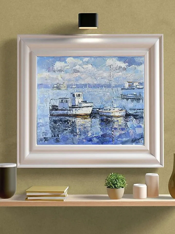 Painting Boat Landscape Pier Artwork Canvas Oil Plein Air Impressionism ...