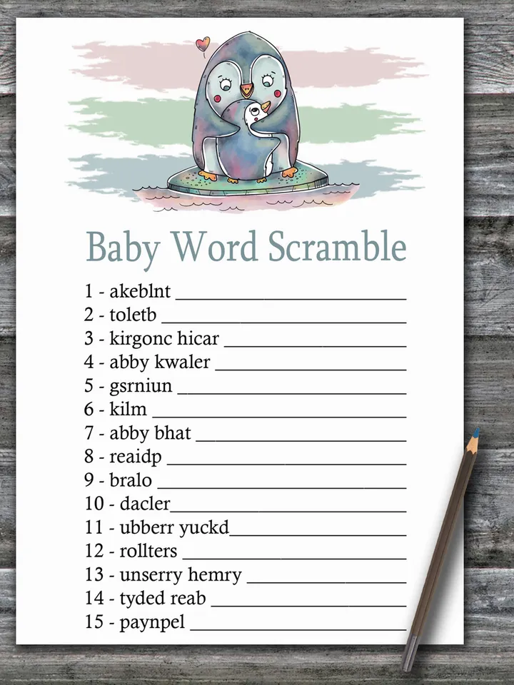 Penguin Baby word scramble game card,Winter animals Baby shower games ...
