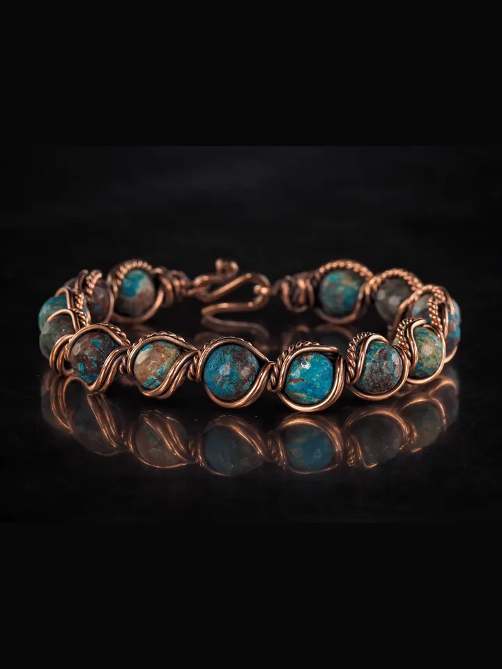 Copper wire wrapped bracelet with chrysocolla for lady Antique style ...