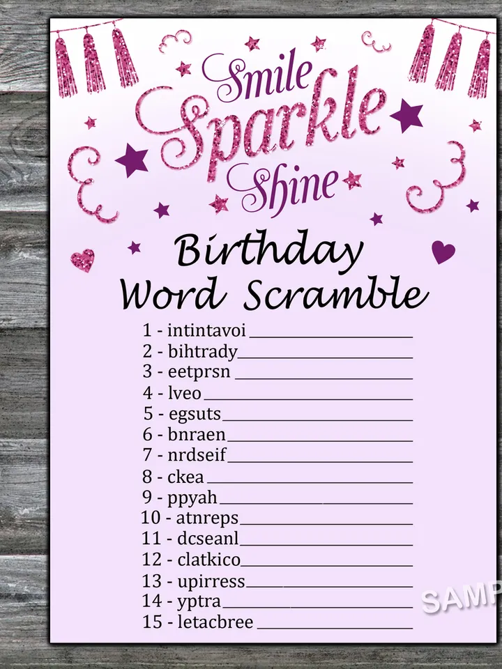Pink glitter Birthday Word Scramble Game,Adult Birthday party game-fun ...