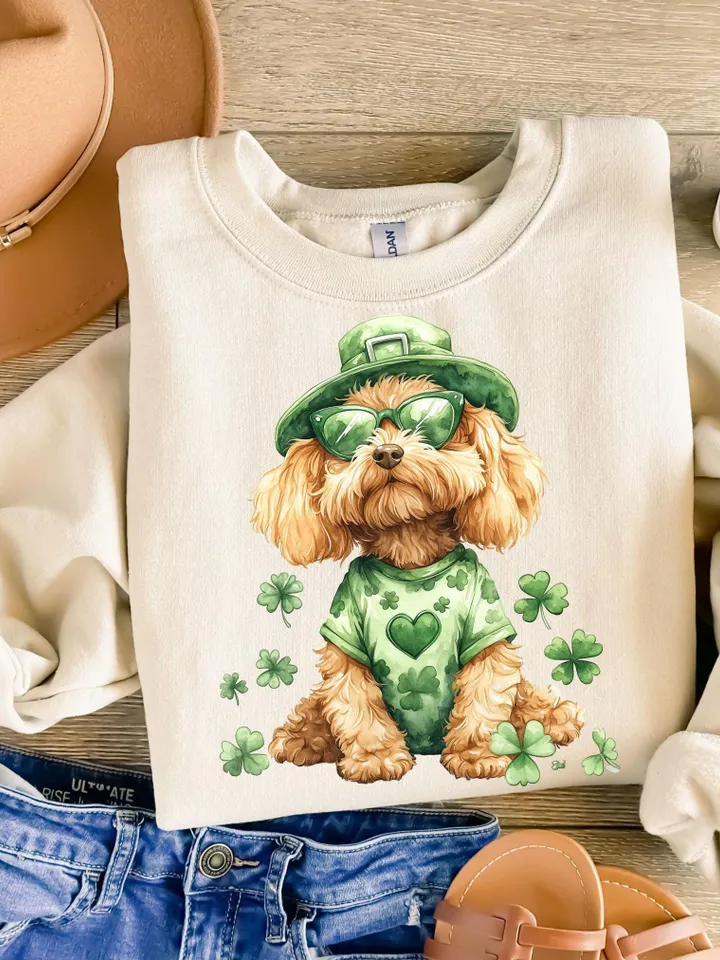 Golden Doodle Clover Clipart, St. Patrick’s Day Dog PNG, Festive Dog in ...