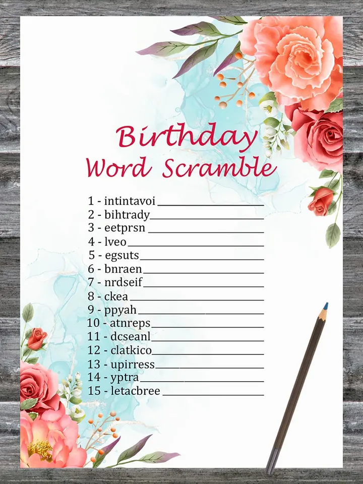 Roses Birthday Word Scramble Game,Adult Birthday party game-fun games ...