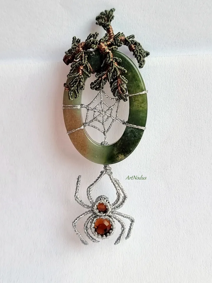 Spider Web Brooch – Agate, Swarovski Crystals, and Macrame $65.00 | Buy online with delivery