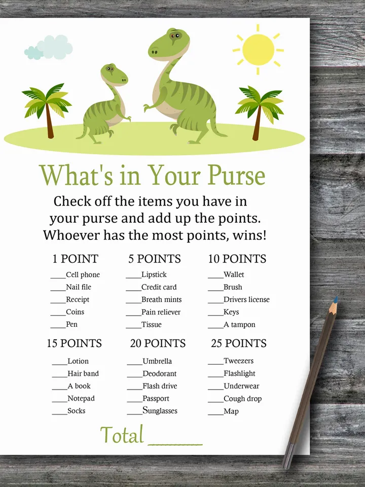 Dinosaur What's in your purse game,Dino themed Baby shower games ...