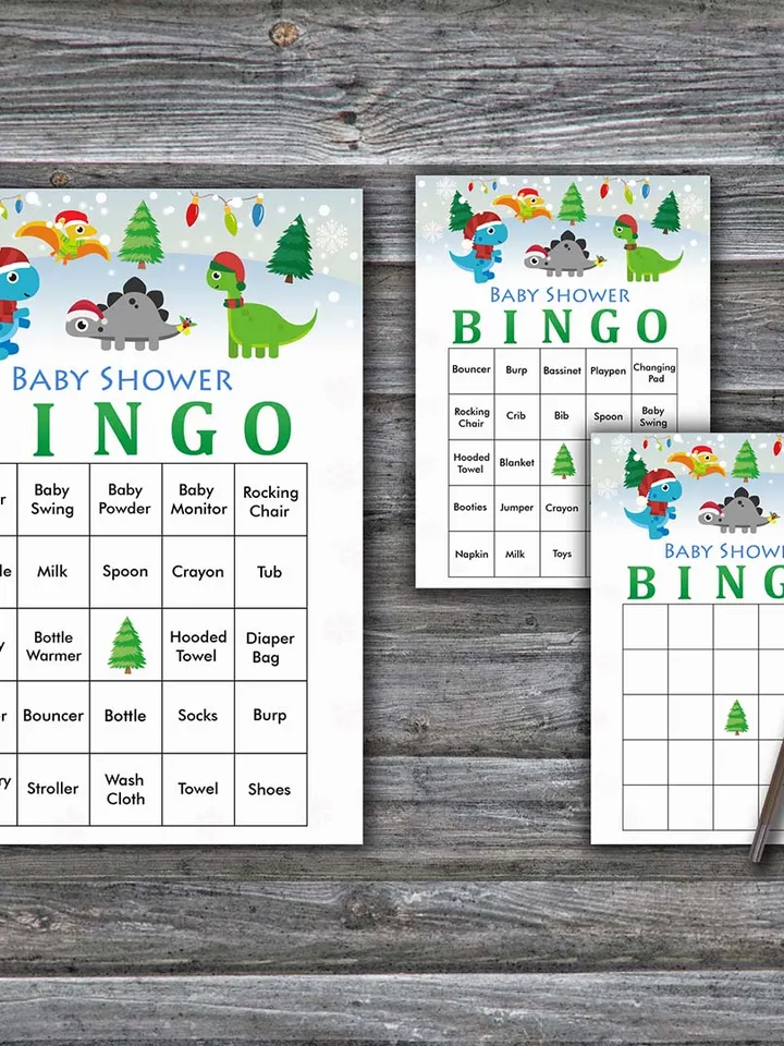 60 Christmas dinosaur Baby Shower Bingo Cards,Christmas Baby Shower ...