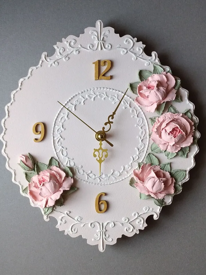 Pink small wall clock with pink roses in shabby chic style Silent clock ...