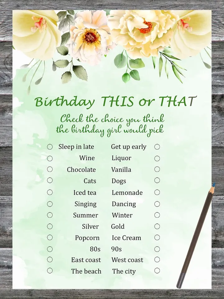 Floral Birthday This or that game,Adult Birthday party game-fun games ...